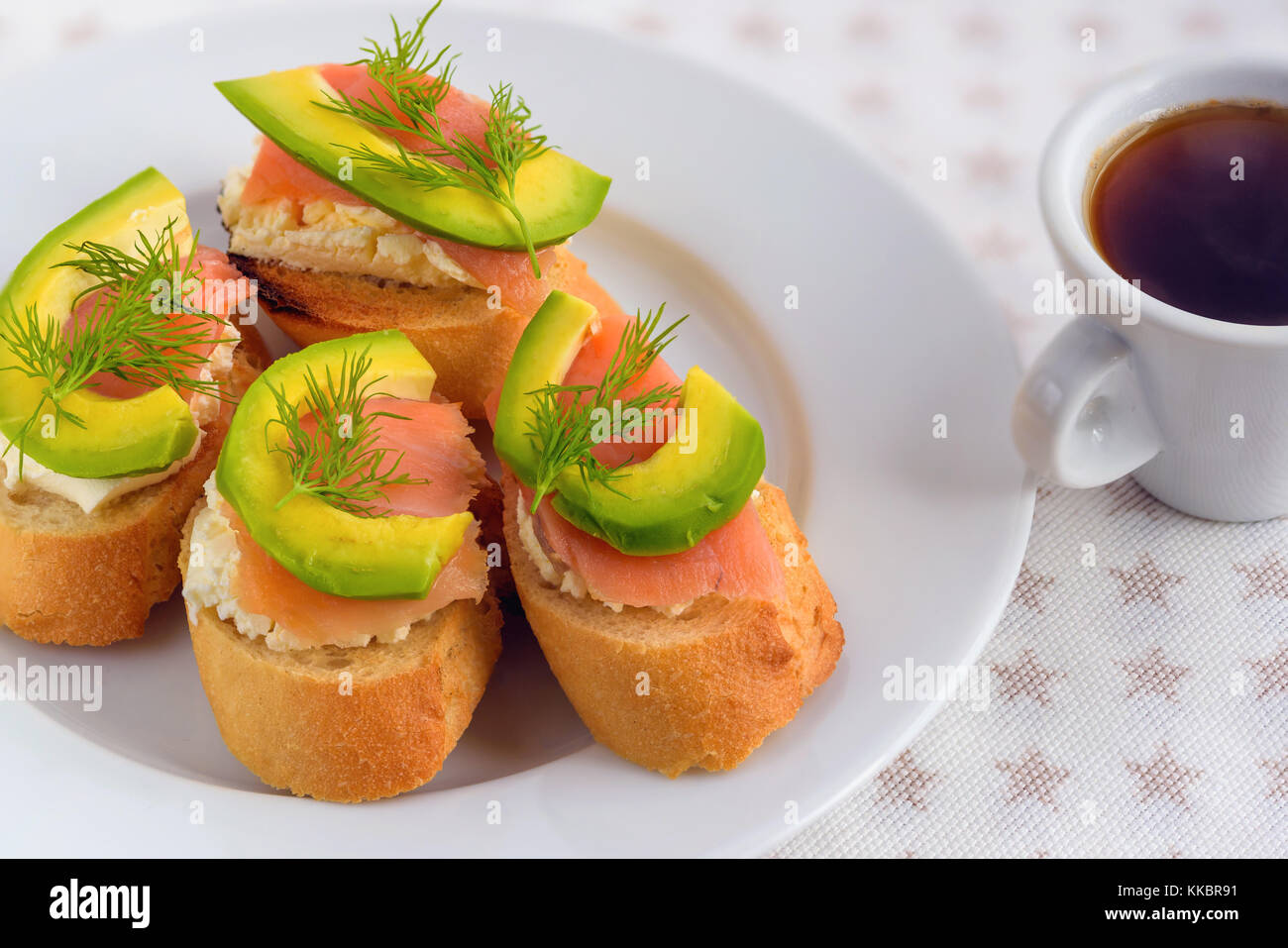 Bruschetta, snack sandwiches with white cheese, smoked salmon and ...