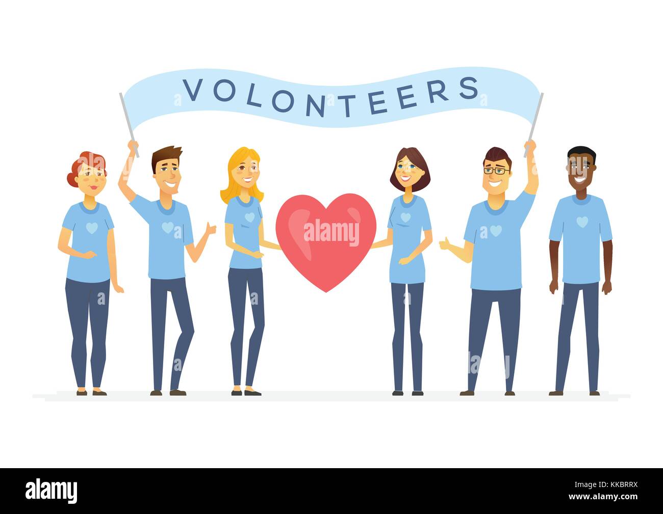 Happy volunteers with a banner - cartoon people characters isolated ...
