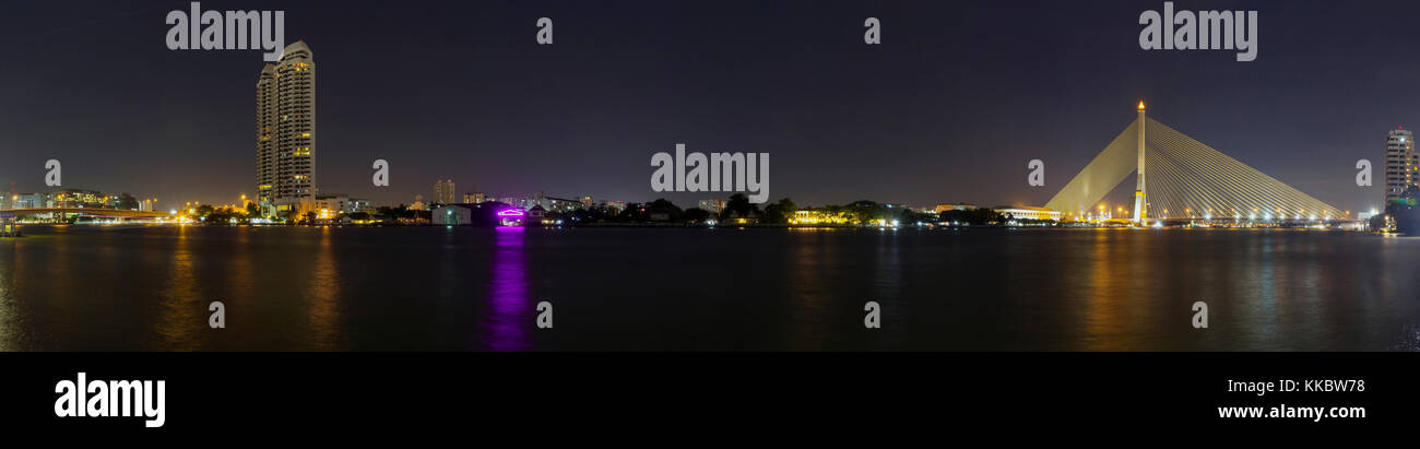 Panorama of Big Suspension bridge with lighting in night time Stock ...
