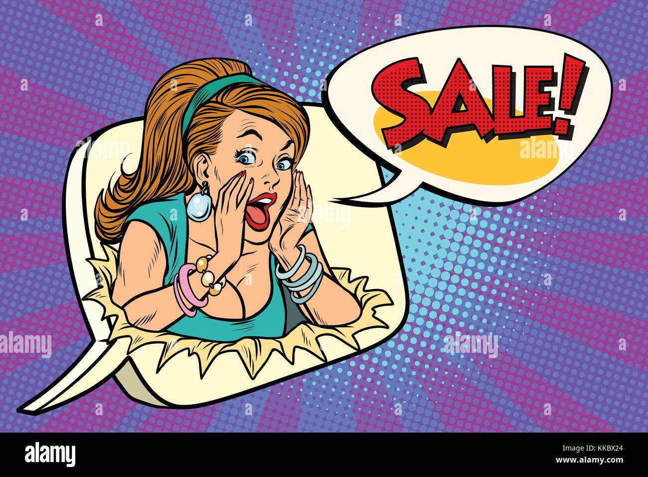 sales woman breakthrough paper background message. Pop art retro vector ...