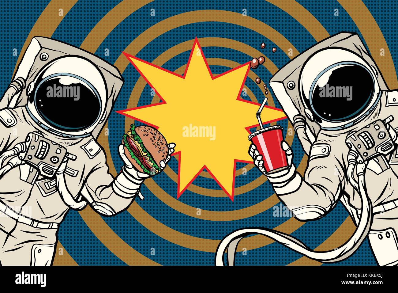 Two astronauts are eating lunch fast food. Pop art retro vector ...