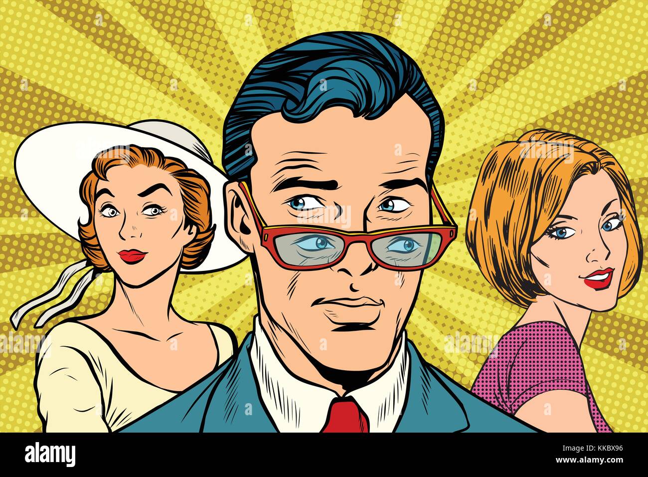 Handsome Man Looking At Two Women Love And Romance Pop Art Retro