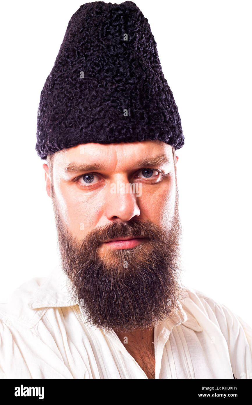 young man wearing traditional romanian costume on white background ...