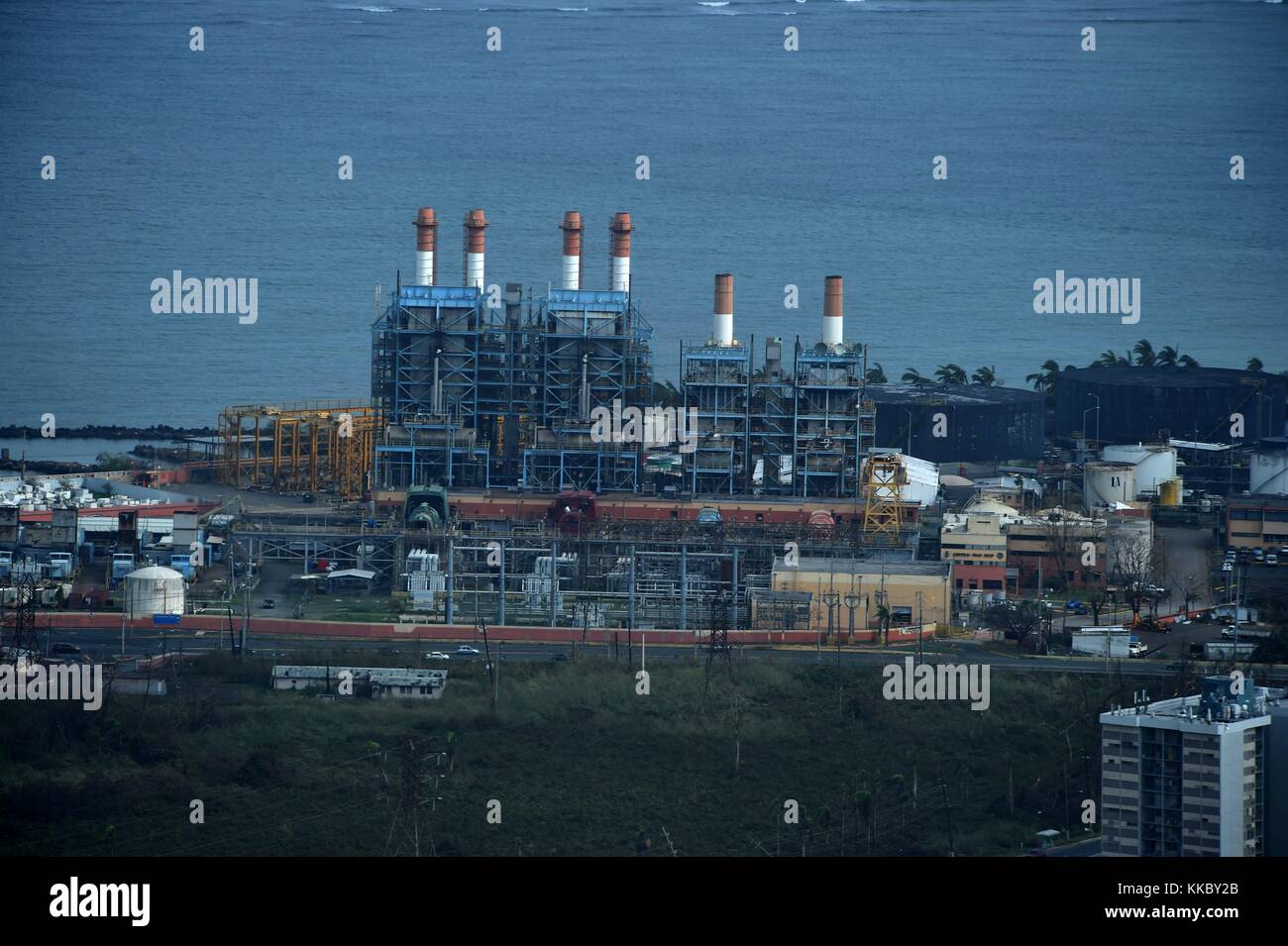 Aerial view of a damaged factory in the aftermath of Hurricane Maria ...