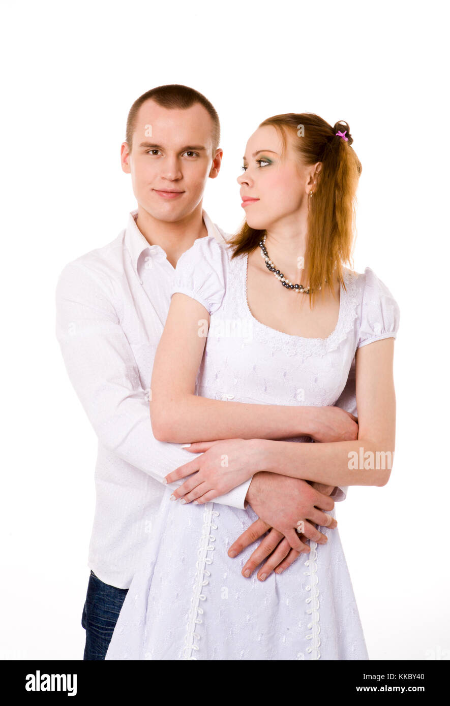 Happy Couple wearing white together isolated on white Stock Photo - Alamy