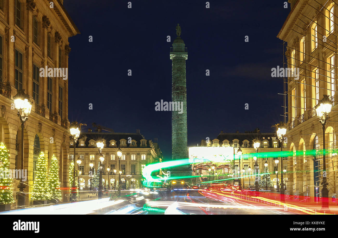 Famous Vendome column at night with traffic lights around, Paris Stock ...