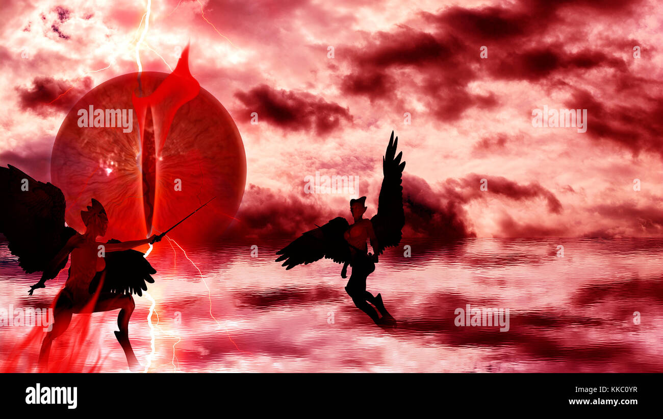 Devil Red Eye with demons at hell - 3d rendering Stock Photo - Alamy