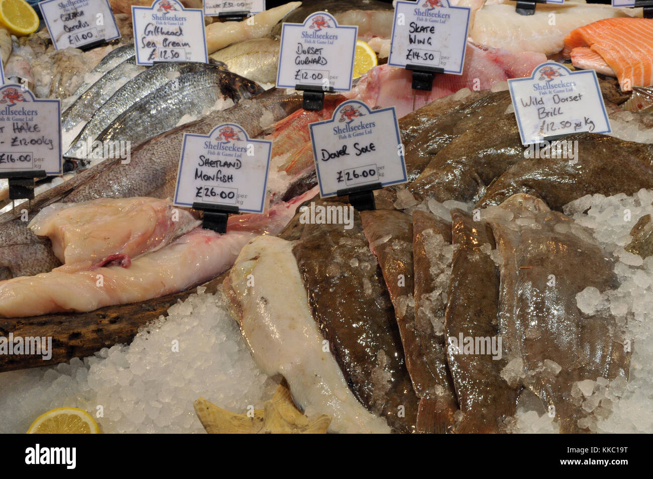 Fresh fish for sale on a fishmongers stall at borough market at London ...