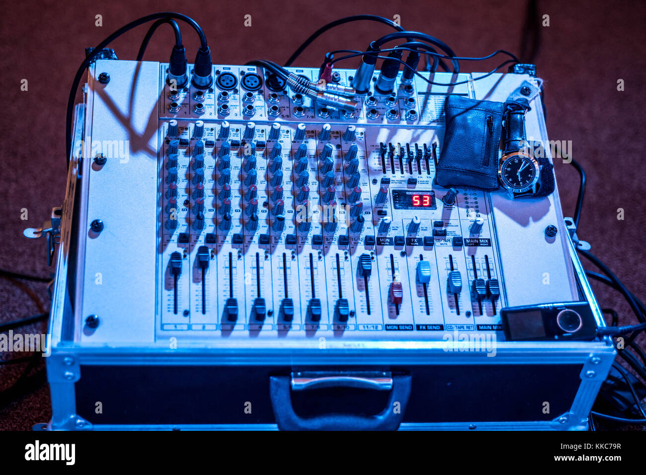 Professional sound and audio mixer control panel with buttons and ...