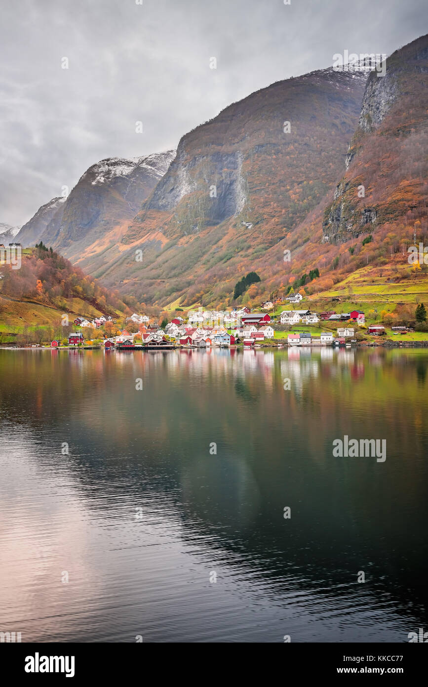 Small homes on the shore of a fjord photographed from a Fjords ...