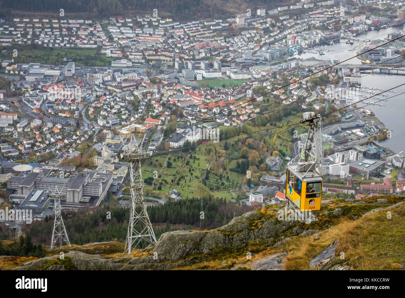 Ulriksbanen, the yellow cable car to the top of mount Ulriken in Bergen ...