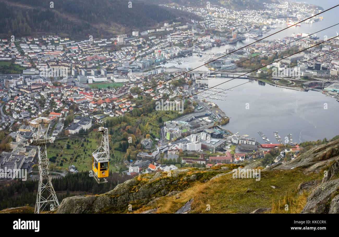 Ulriksbanen, the yellow cable car to the top of mount Ulriken in Bergen ...