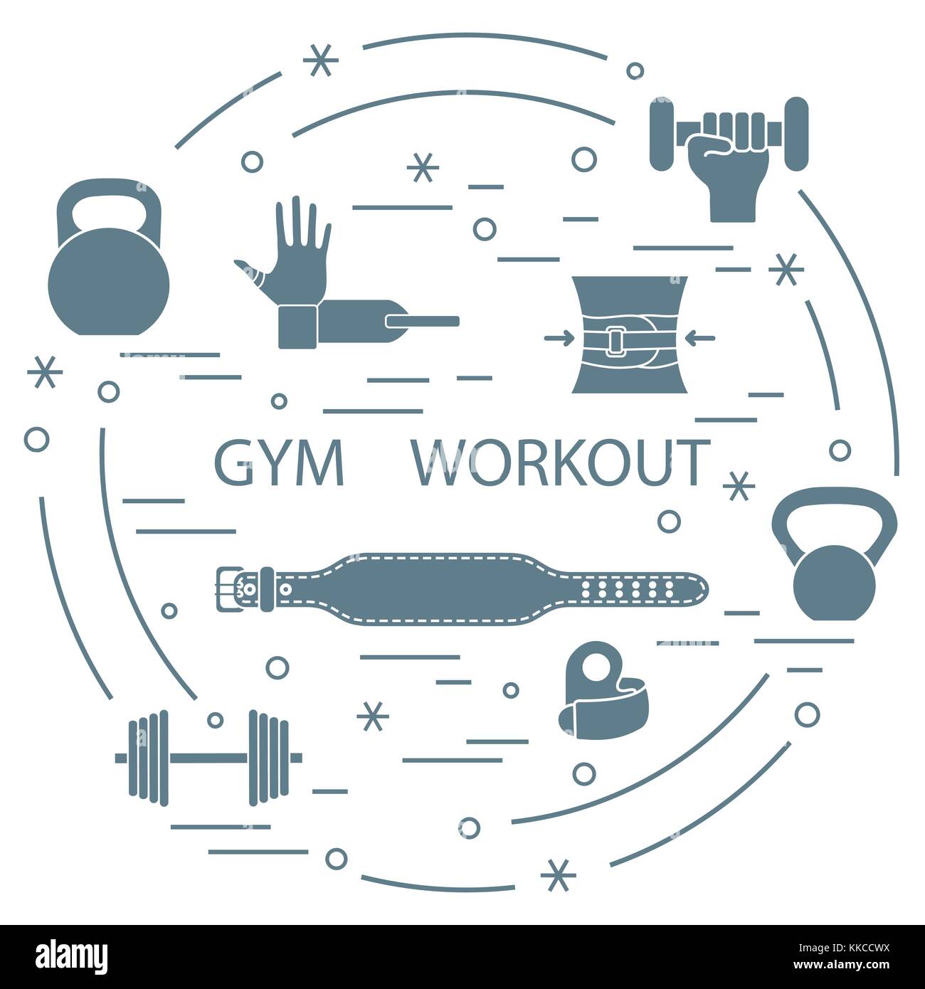 Powerlifting gym workout elements arranged in a circle. Template for ...