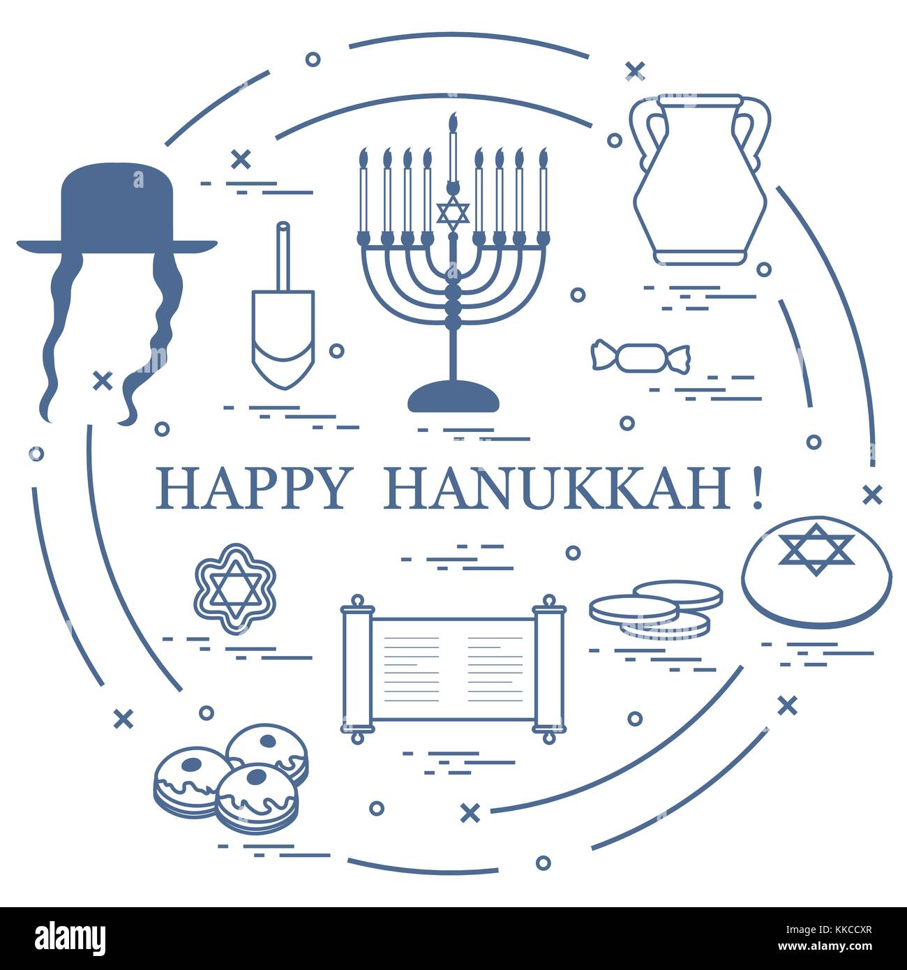 Vector illustration: Jewish holiday Hanukkah: dreidel, sivivon, menorah ...