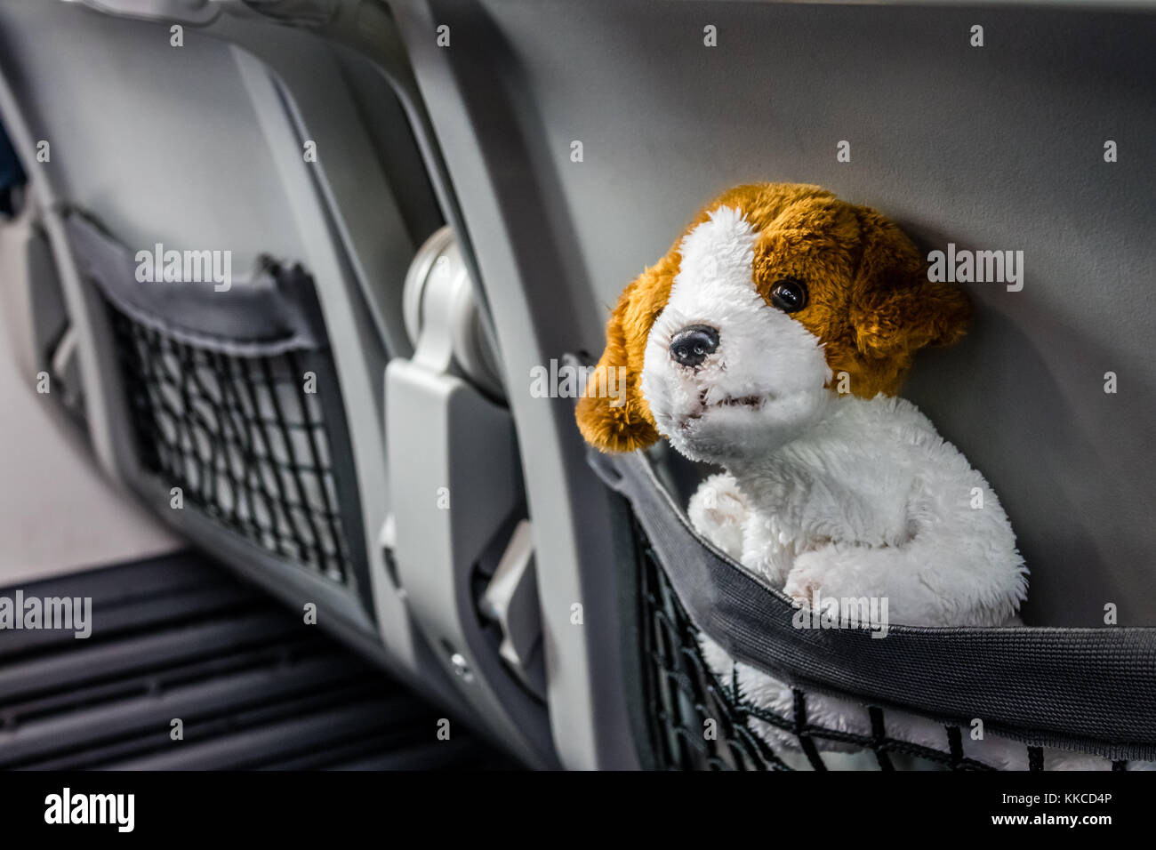 Little cute soft toy dog mascot traveling on a plane in a seat net ...