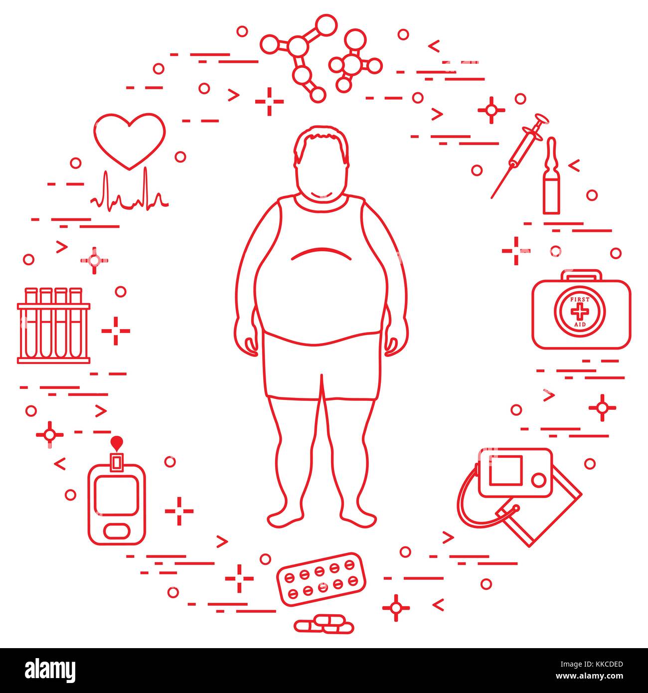 Fat man with medical devices, tools and drugs around him. Health and ...