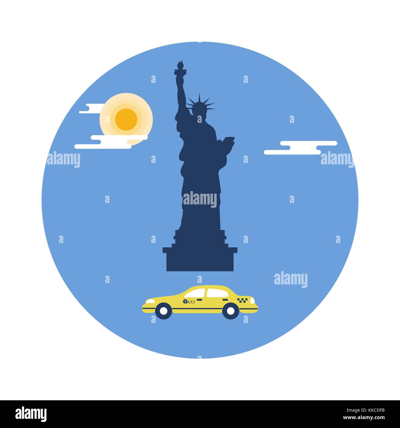 Statue of Liberty, sun, clouds and taxi. New York landmark. American ...