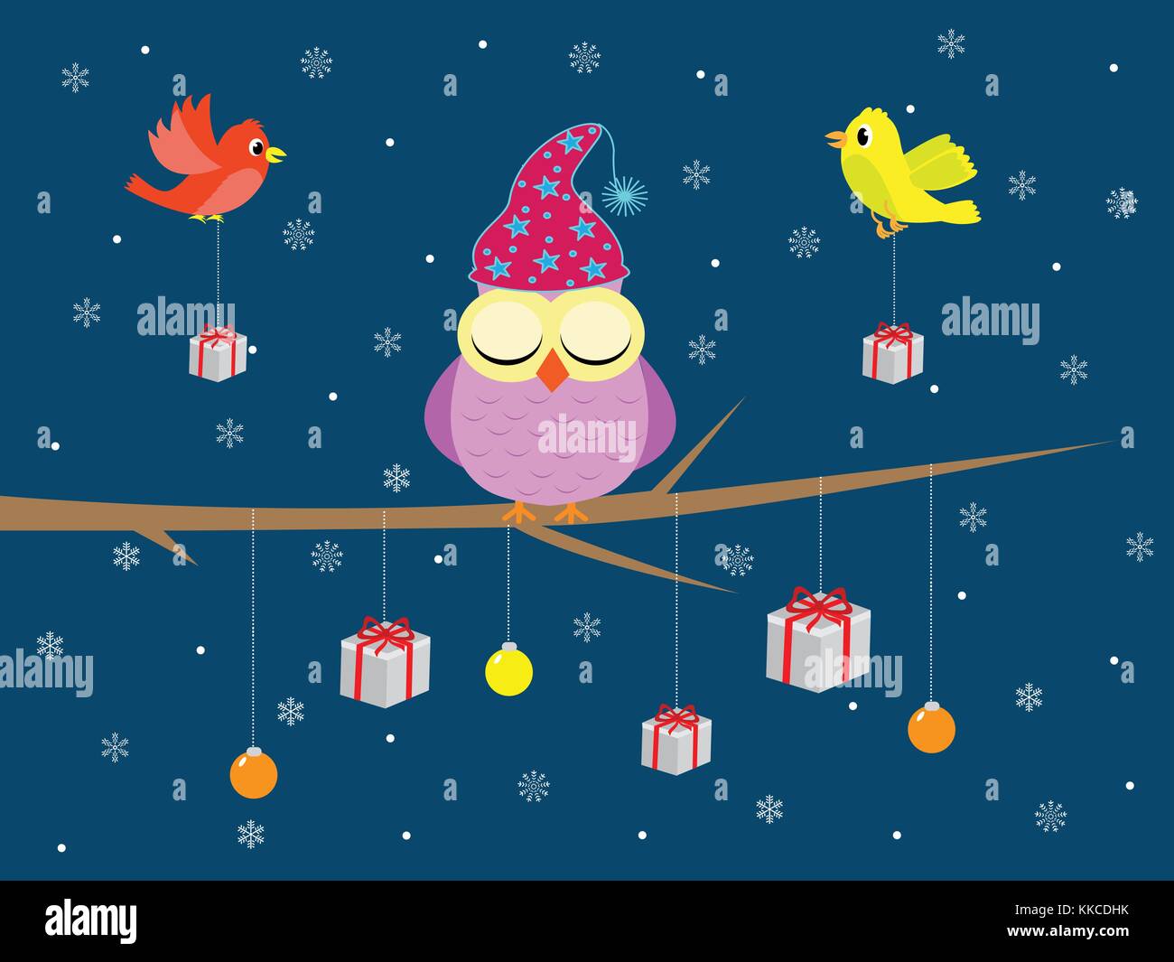 Cute Christmas owl sleeping in a tree with birds Stock Vector Image ...