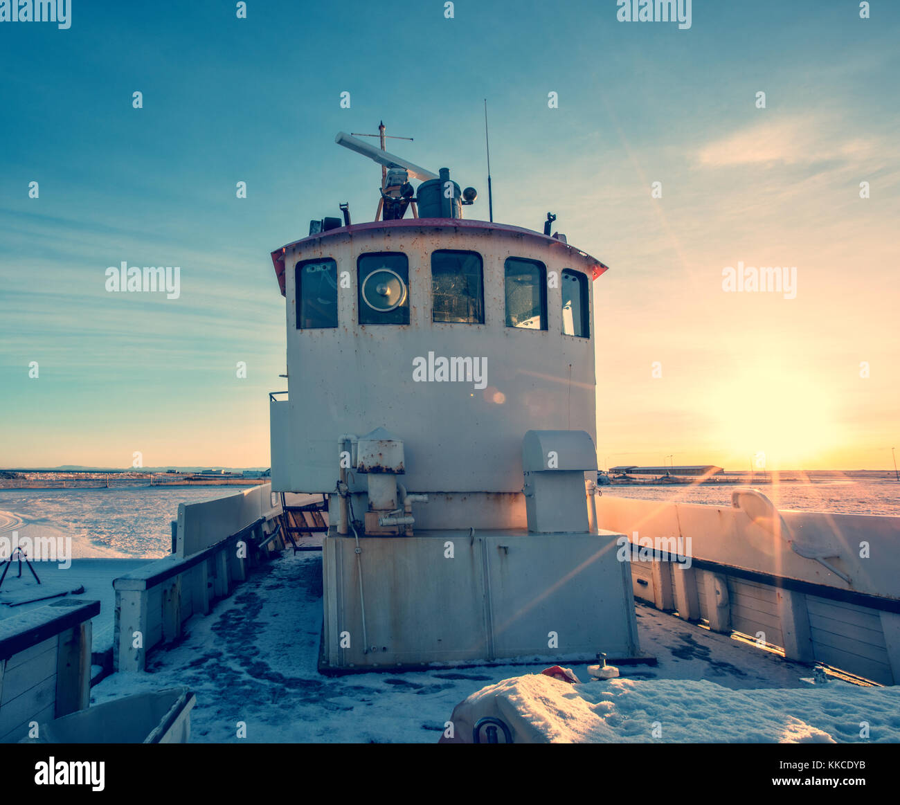 Old fisherman iron boat in Iceland, grunge colored design Stock Photo ...