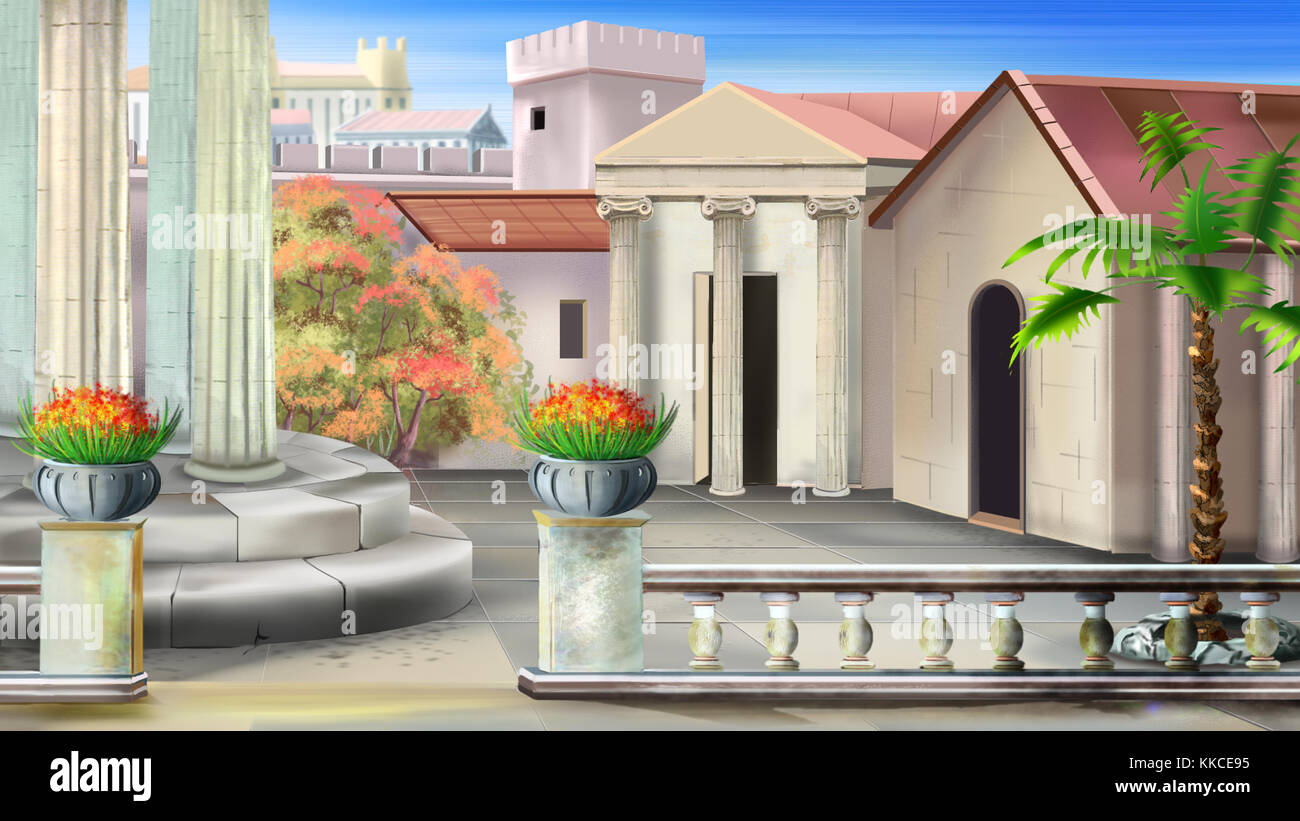 Antique courtyard in a summer sunny day. Digital painting background ...