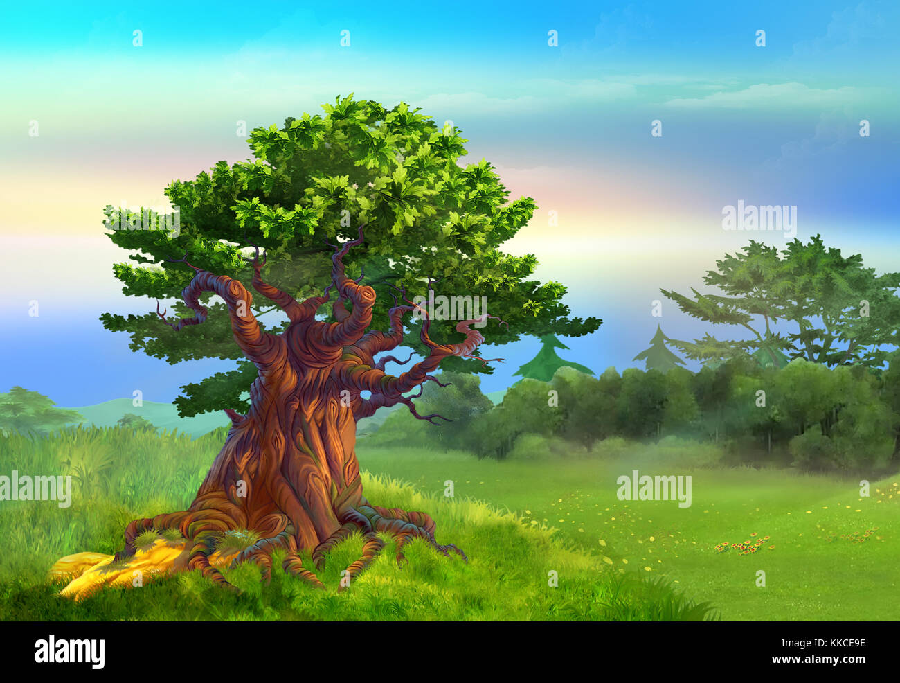 Solitary Oak Tree in a meadow in a sunny day. Digital Painting ...