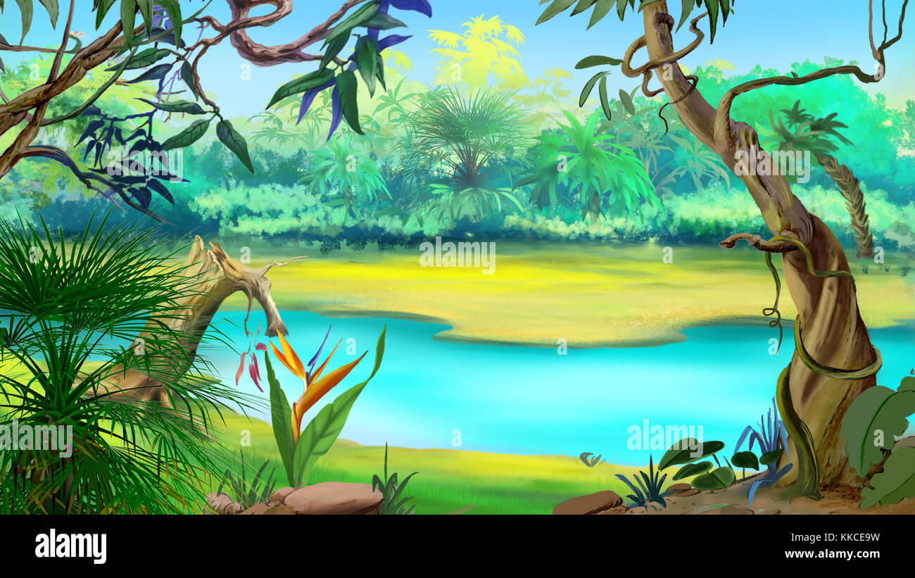 Small River in the Rainforest in a sunny day. Digital Painting ...