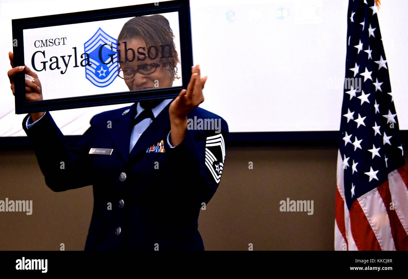 New Chief Master Sgt. Gayla Gibson smiles with appreciation as she is ...