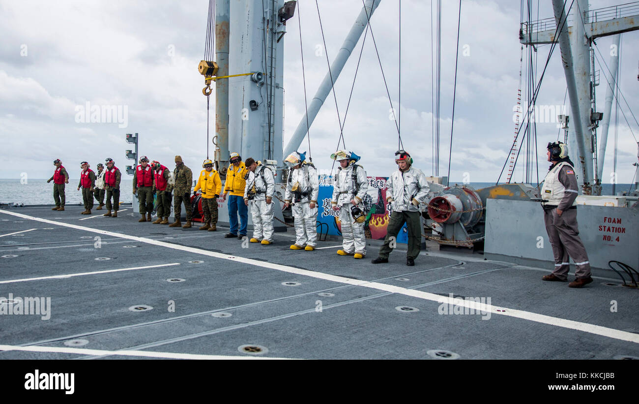 U.S. Marines aboard the Aviation Logistics Support Ship (T-AVB3) S.S ...