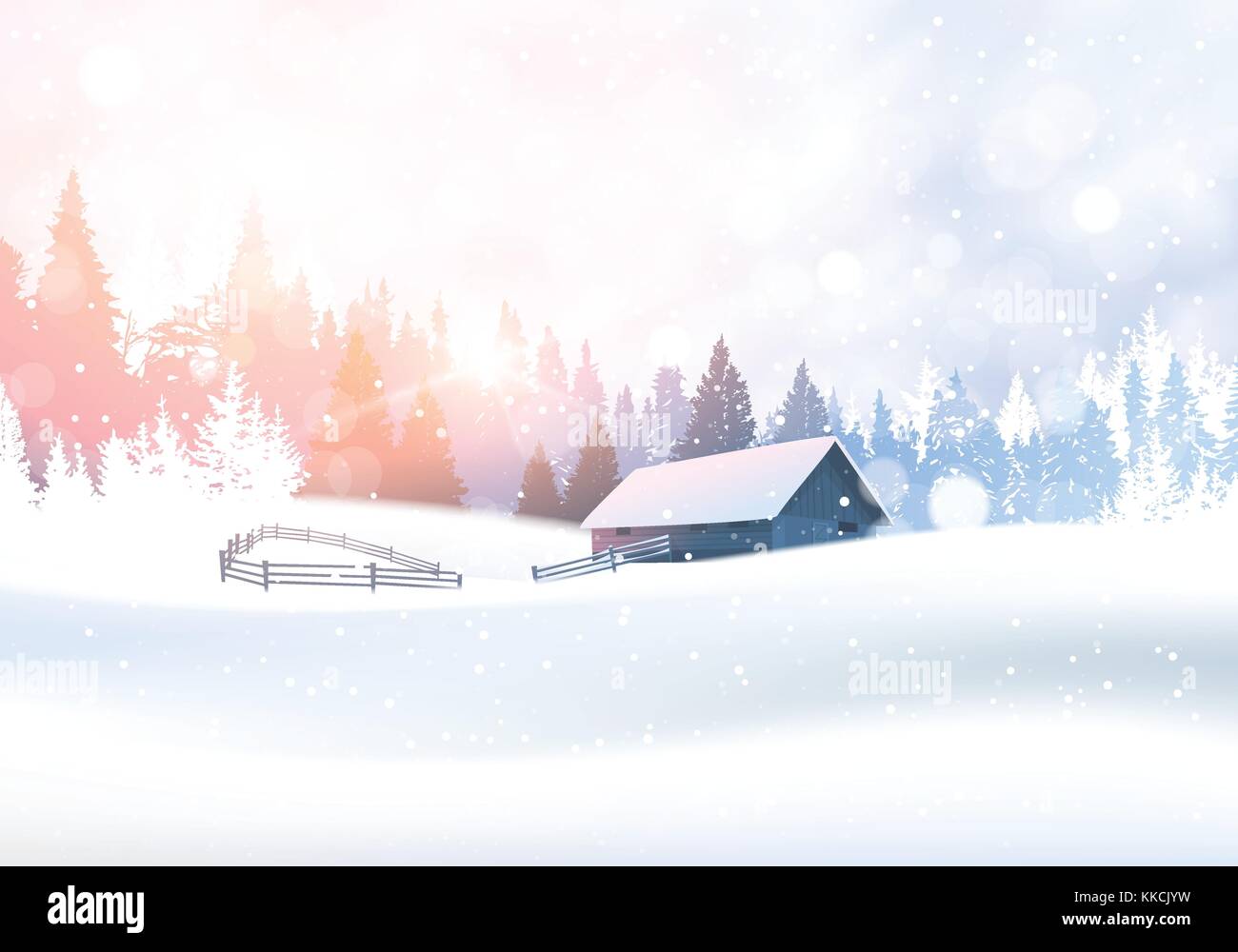 Rural Winter Landscape With House In Snowy Forest Pine Tree Woods ...