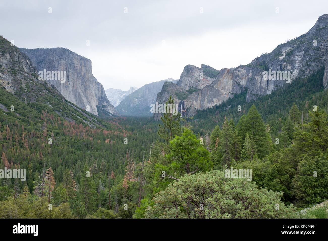 Yosemite Valley on an overcast day, with Bridal Veil Falls visible ...