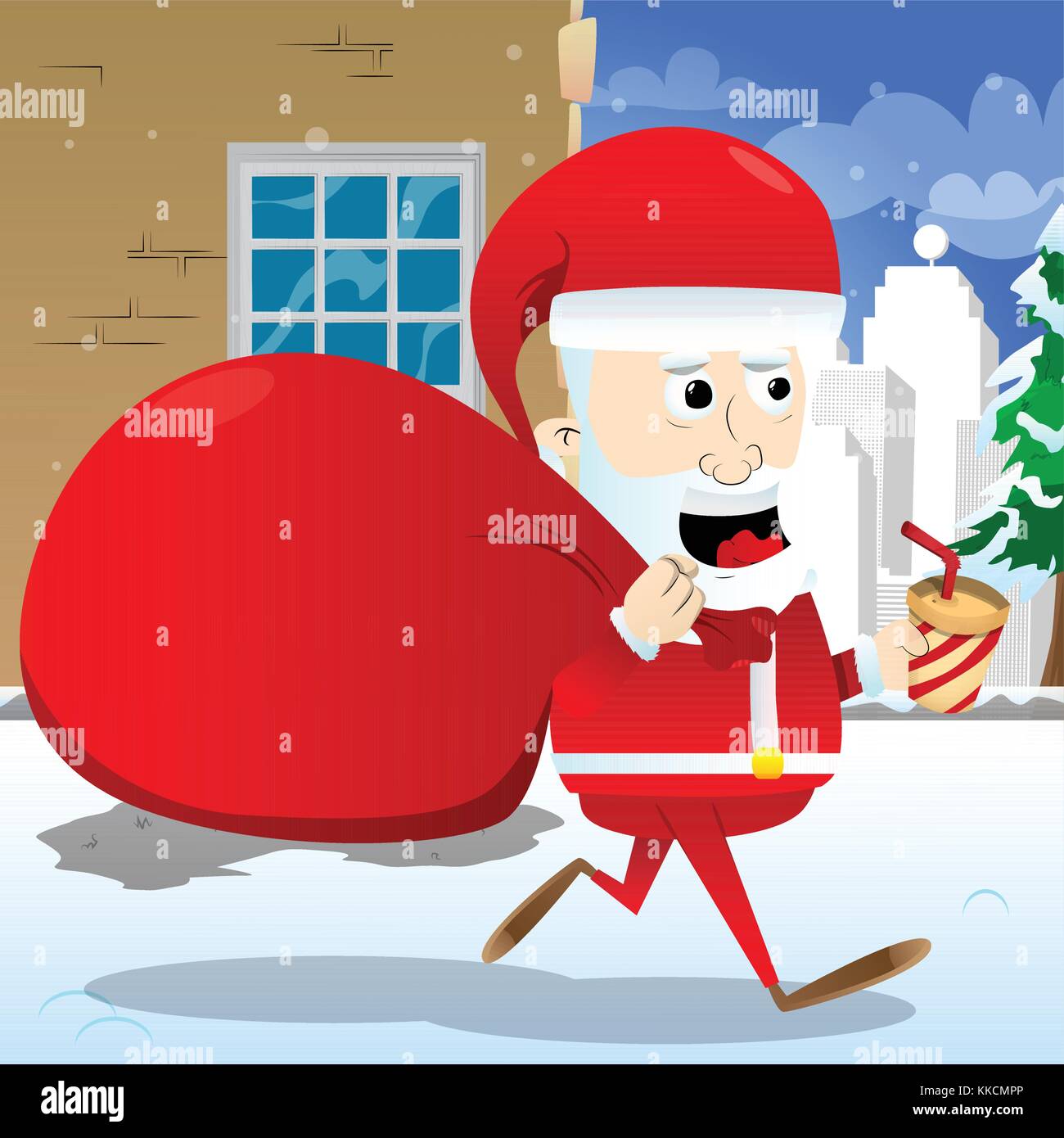 Santa Claus running to work with a cup of coffee. Vector cartoon ...