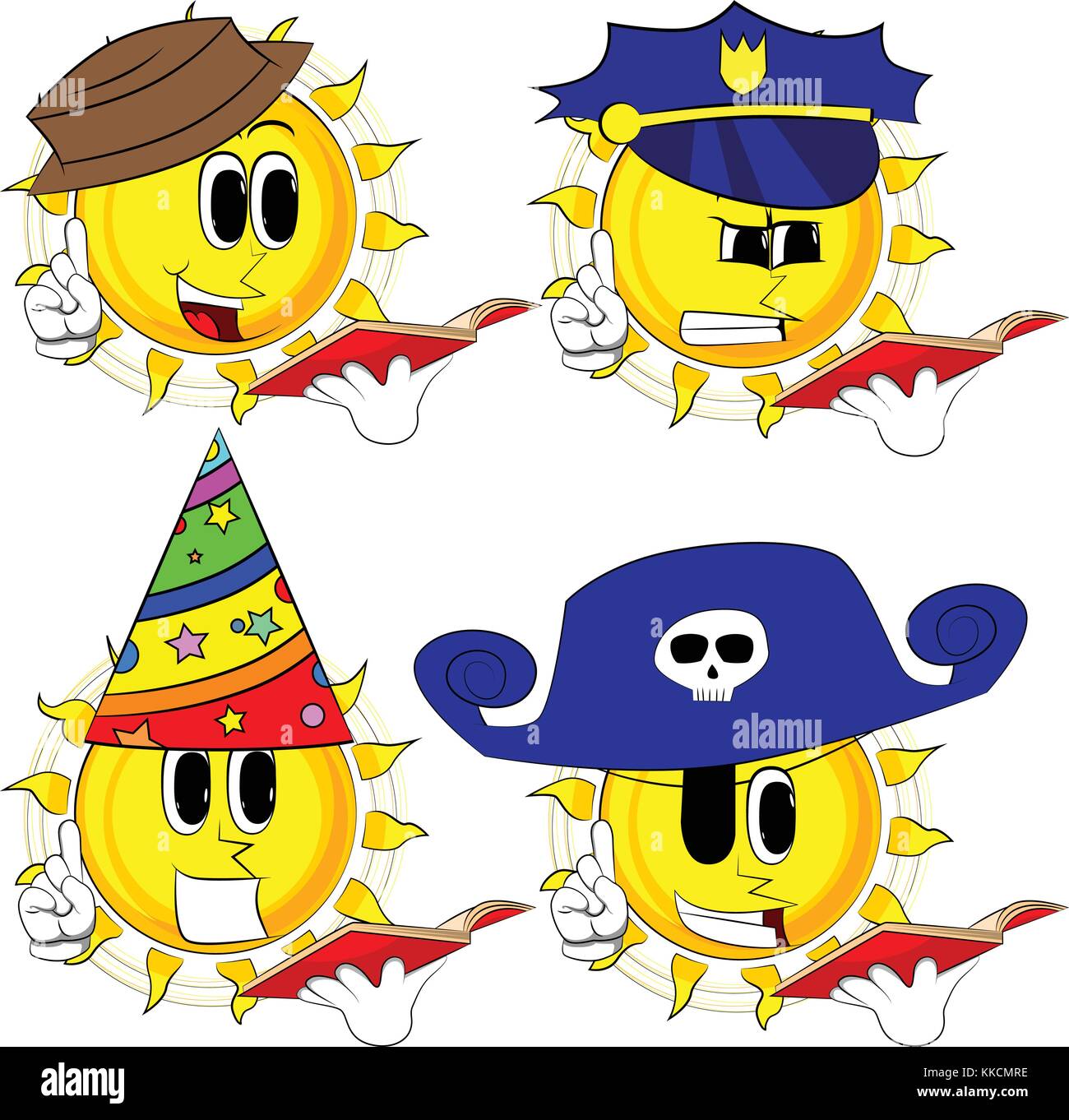 Cartoon sun reading a red book and making a point. Collection with ...