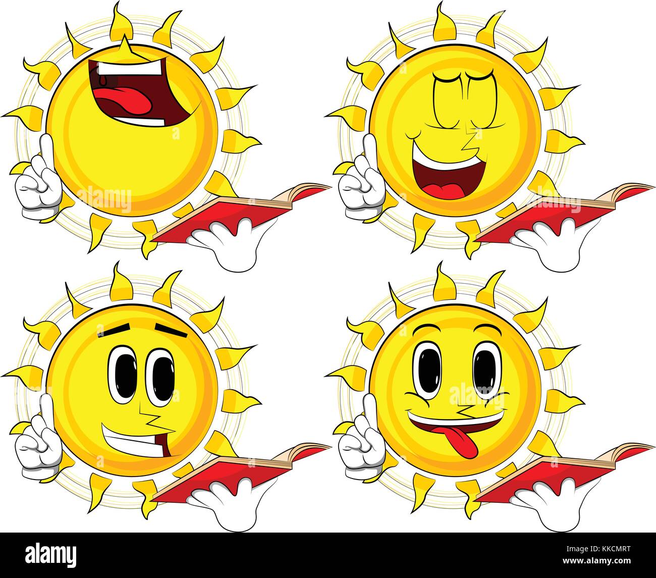 Cartoon sun reading a red book and making a point. Collection with ...