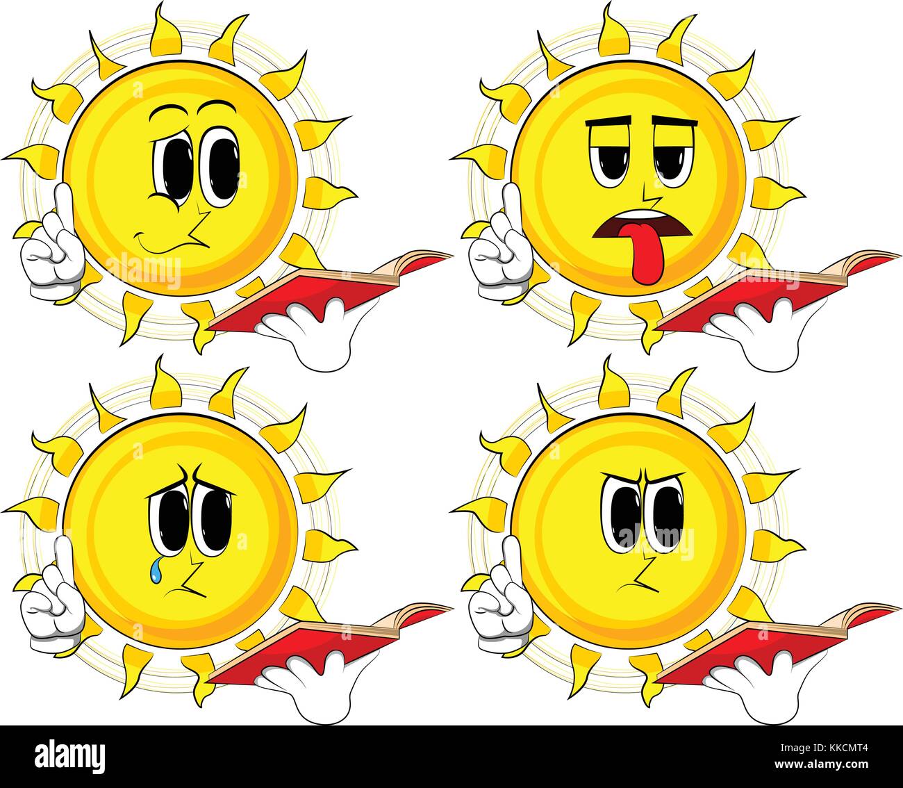 Cartoon sun reading a red book and making a point. Collection with sad ...