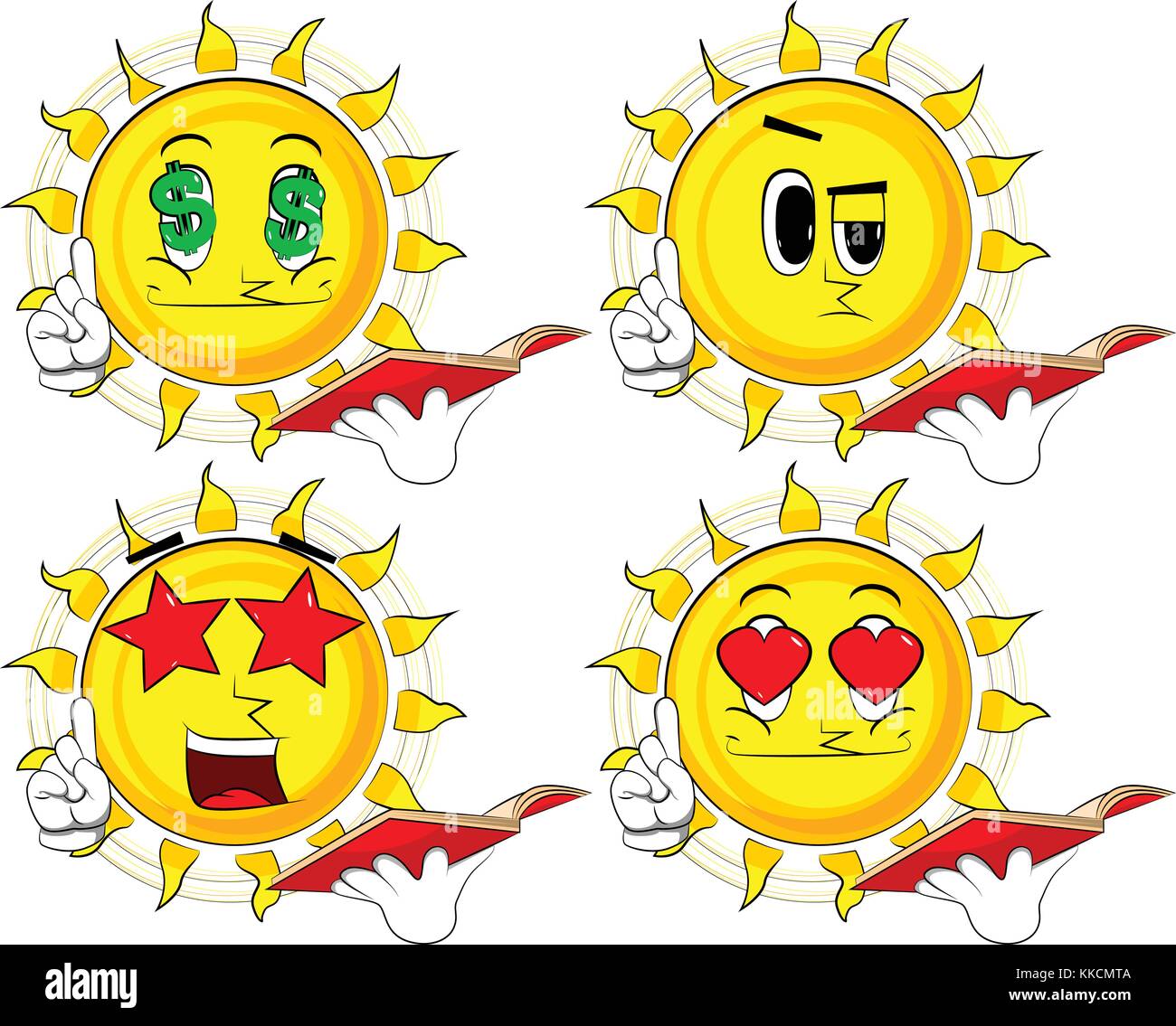 Cartoon sun reading a red book and making a point. Collection with ...