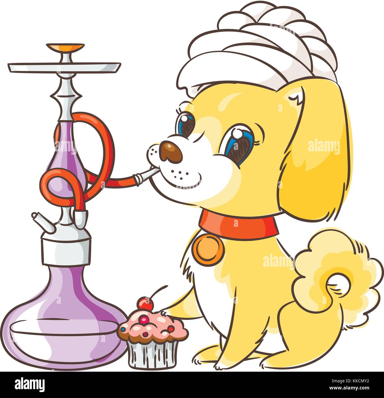 Happy golden cartoon puppy smoking hookah in turban. Cute little dog ...