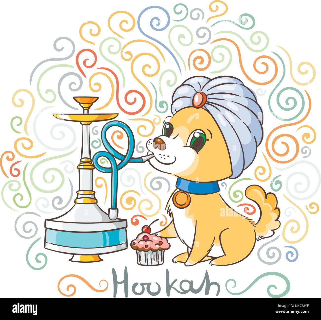 Happy golden cartoon puppy smoking hookah in turban. Cute little dog ...