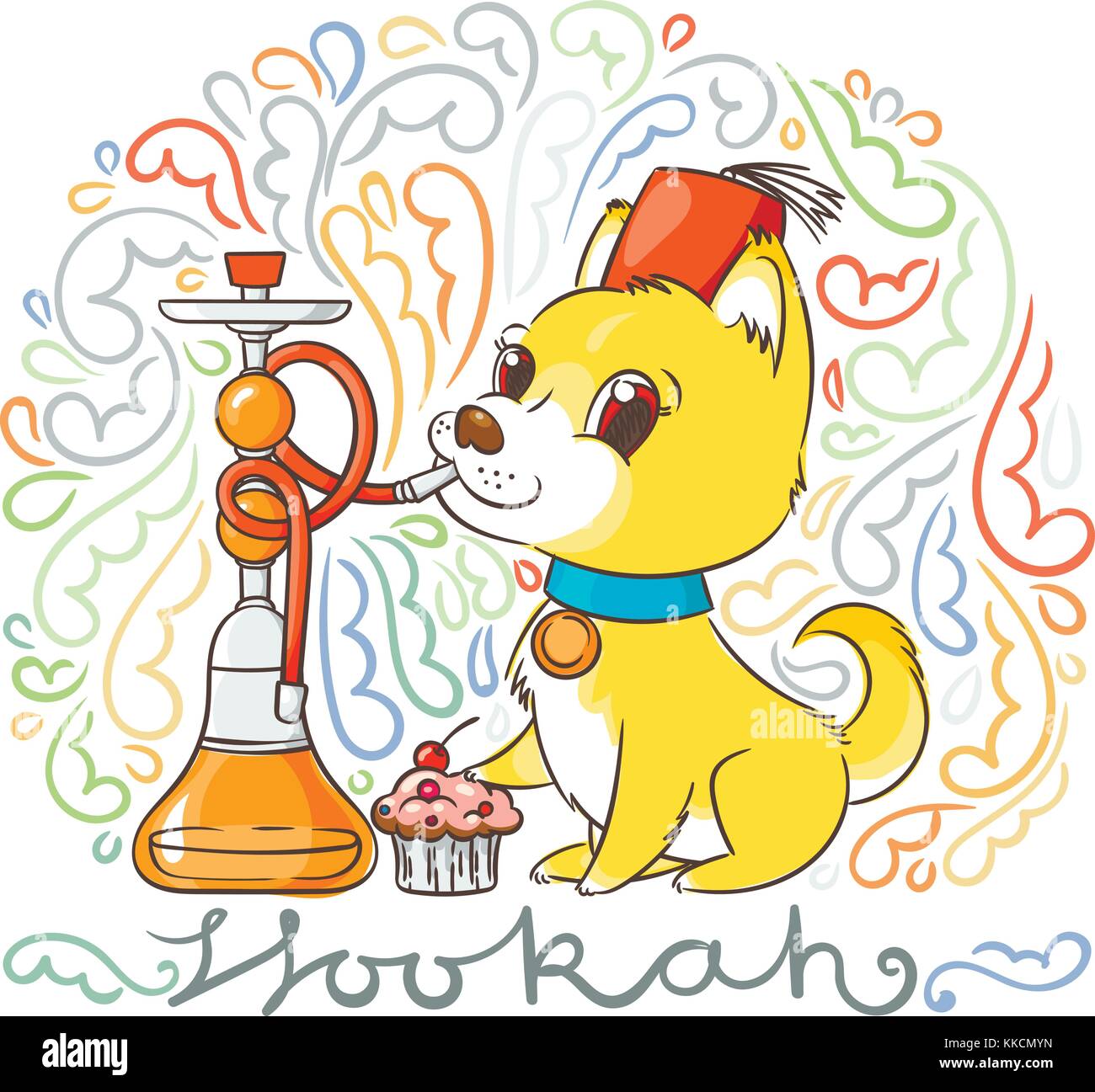 Happy golden cartoon puppy smoking hookah in turban. Cute little dog ...
