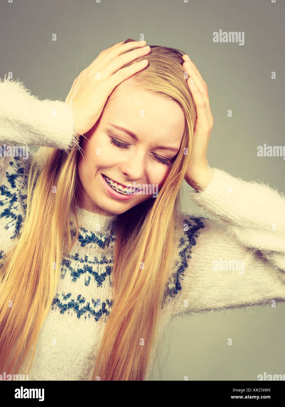 Happiness, human reactions, face expressions concept. Happy blonde ...