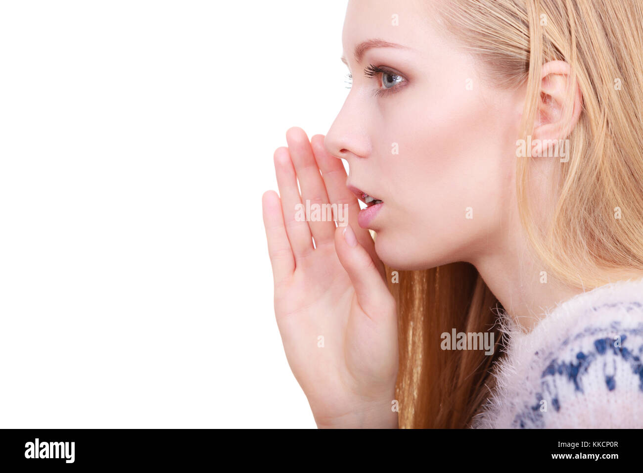 Gestures and signs concept. Young blonde woman whispering to somebody ...