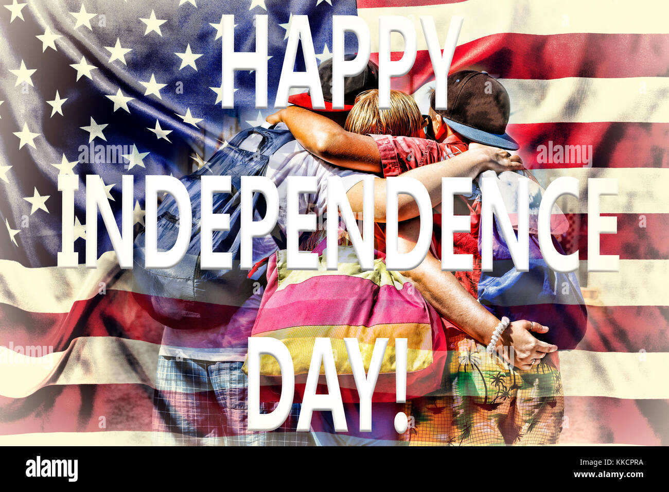 Happy friends hug on the background of the US flag. Concept ...