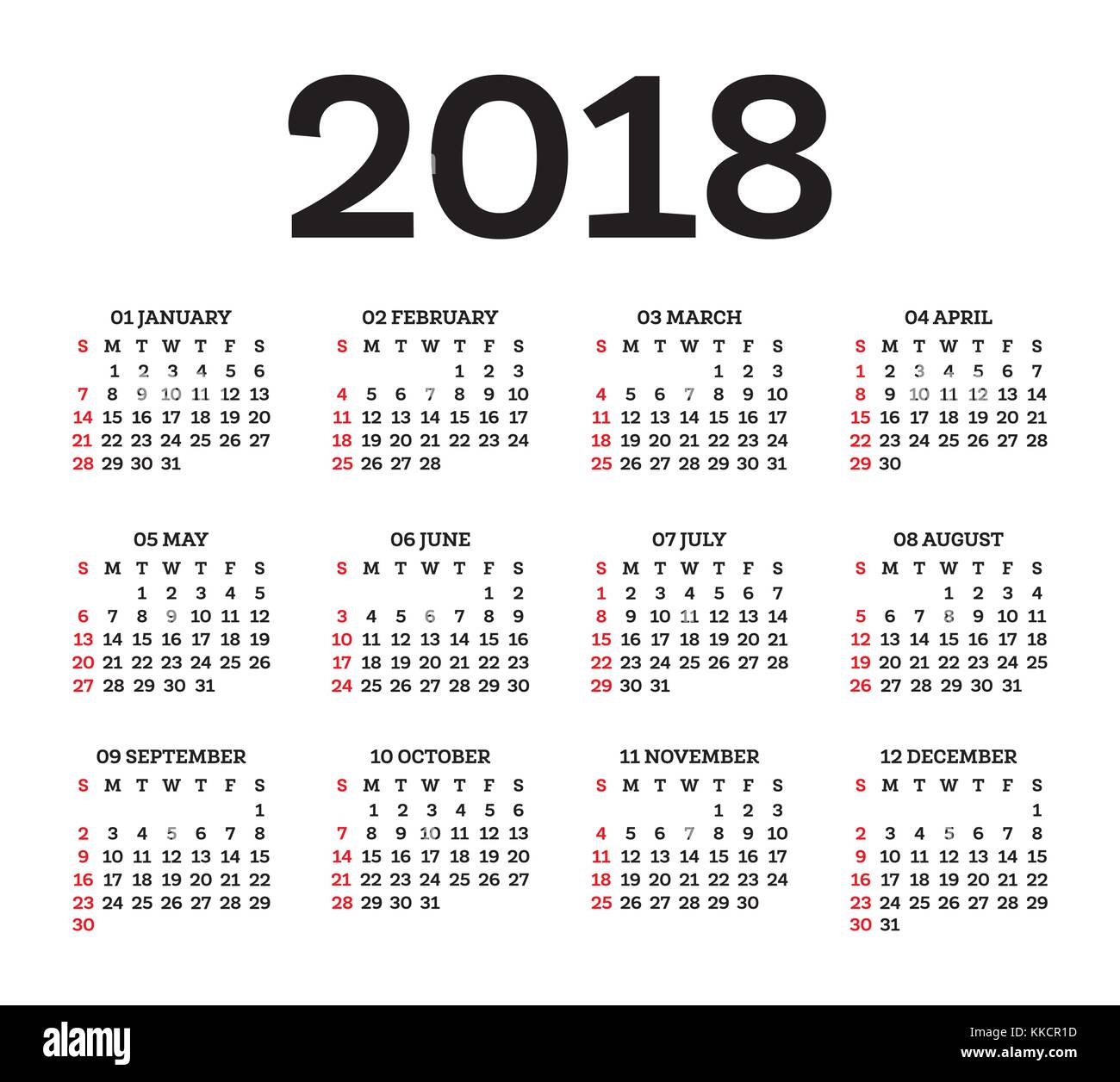 Calendar 2018 Isolated on White Background. Week starts from Sunday ...