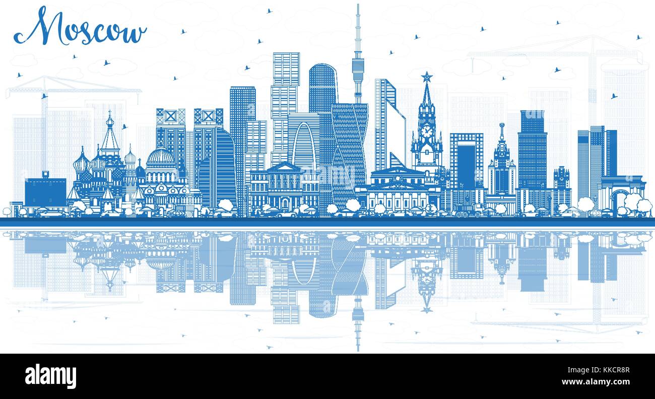 Outline Moscow Russia Skyline with Blue Buildings and Reflections ...