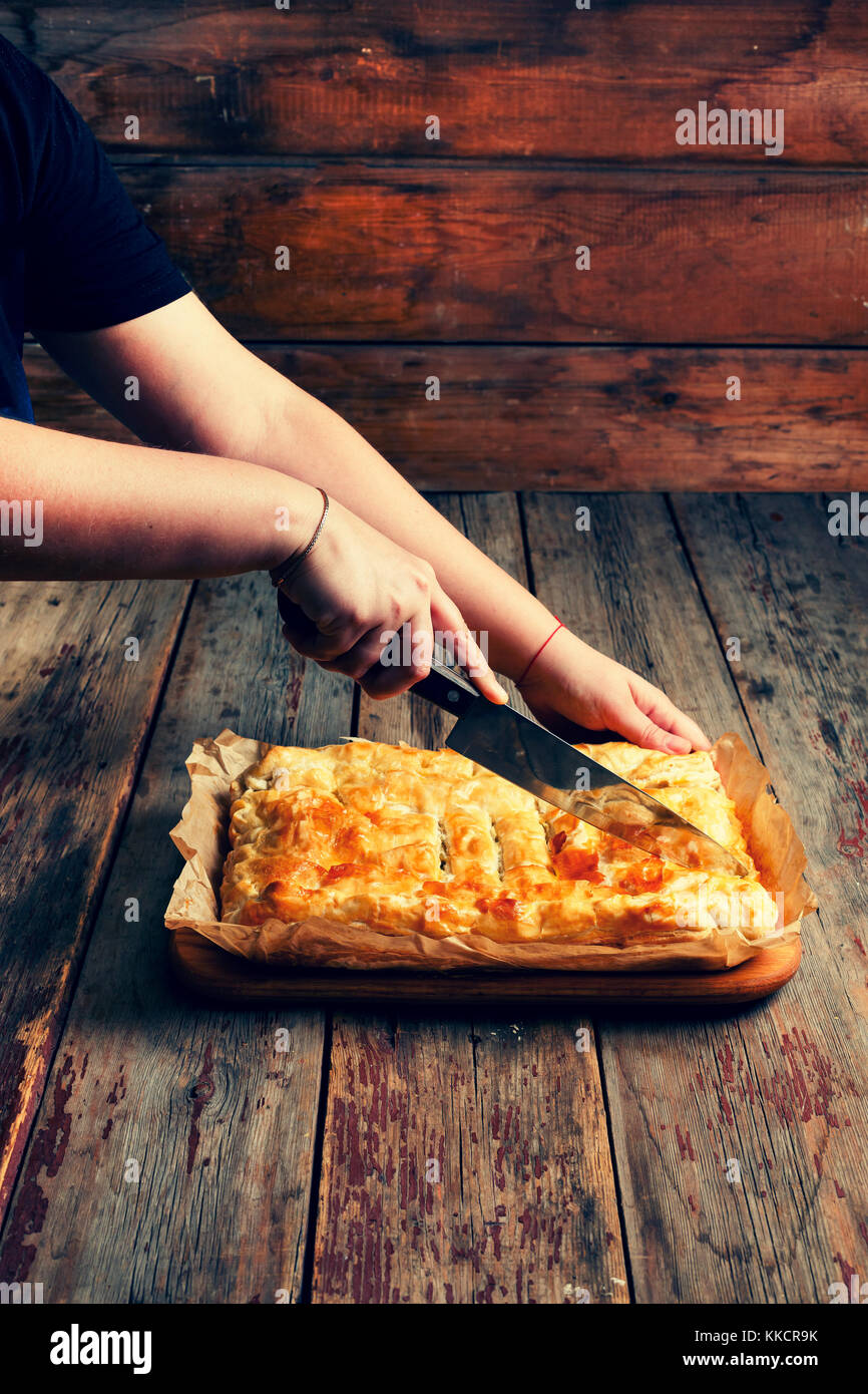 Home cooking. Women's hands cut homemade pie with stuffing. US ...