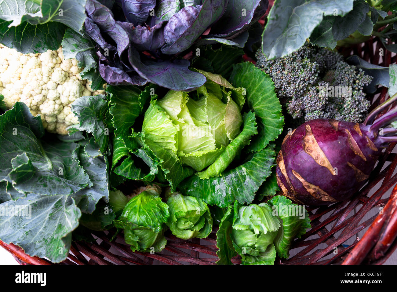 Various of Cabbage Broccoli Cauliflower. Assorted of Cabbages in Basket ...