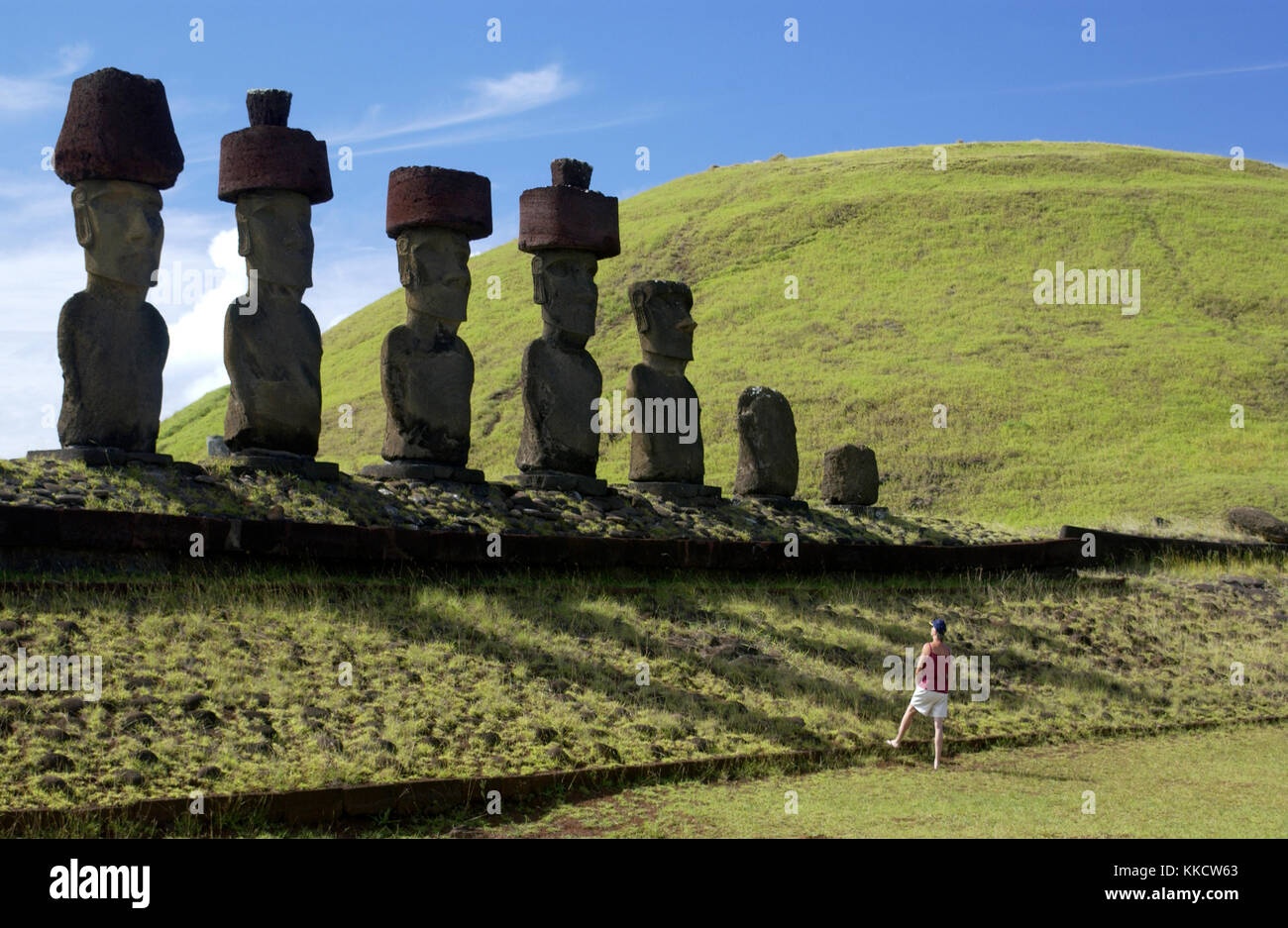 Tourist with Moai statues on Easter Island (Rapa Nui) in the South ...