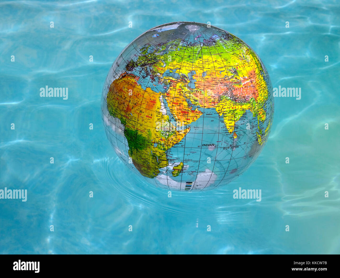 A world globe showing Europe, Africa and Asia floating on water Stock ...