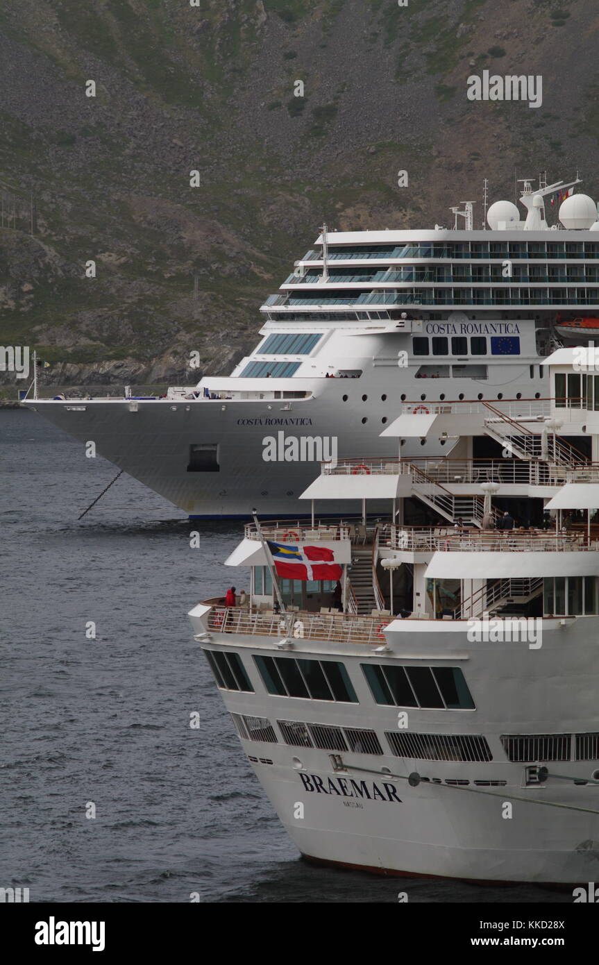 Cruise ships Braemar and Costa Romantica in Hønningsvag, Honningsvag ...