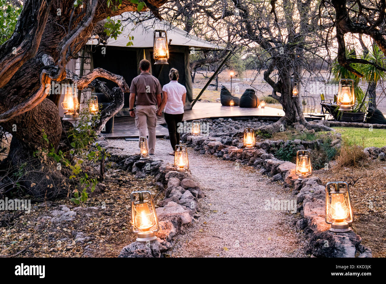 Pathway with lanterns at Onguma Tented Camp, Onguma Game Reserve ...