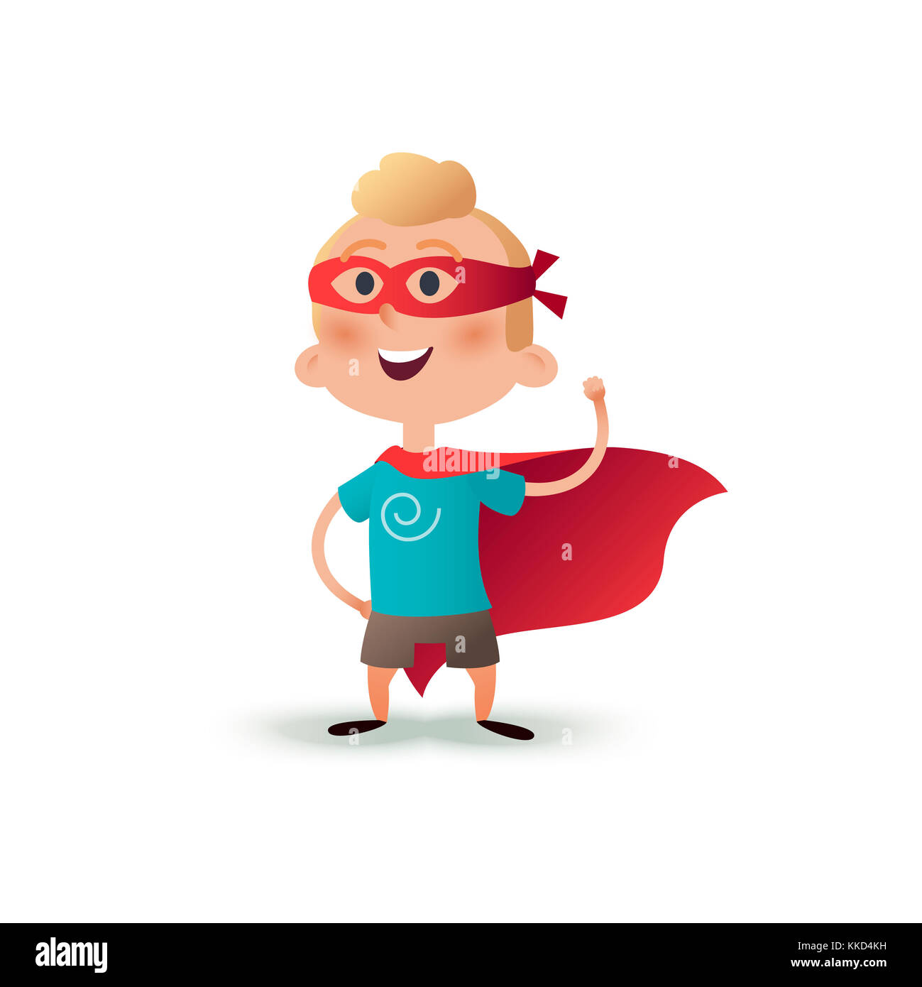 Cartoon superhero boy standing with cape waving in the wind. Happy ...